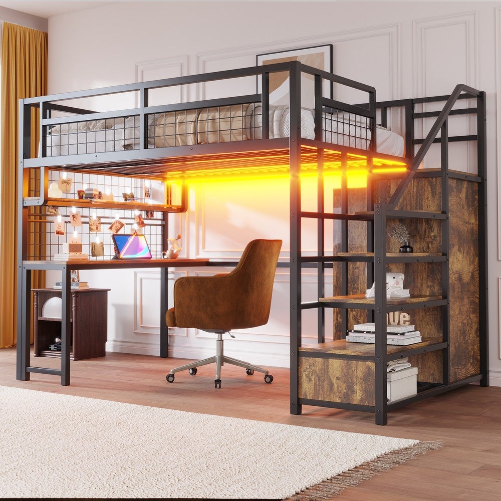 Lit Mezzanine Métal 140x200 avec Rangement, Armoire, Étagères, LED et ...