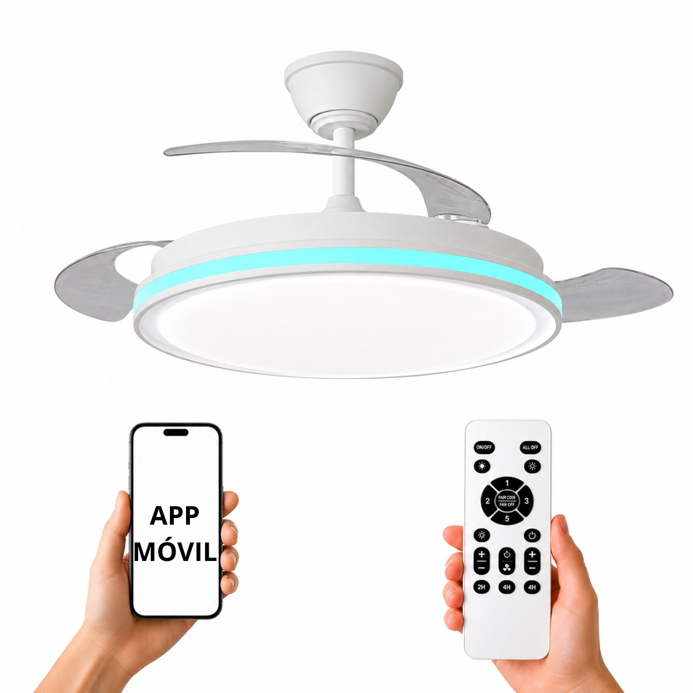 NARVI ventilador de techo blanco, palas retráctiles, 6 velocidades, LUZ ...
