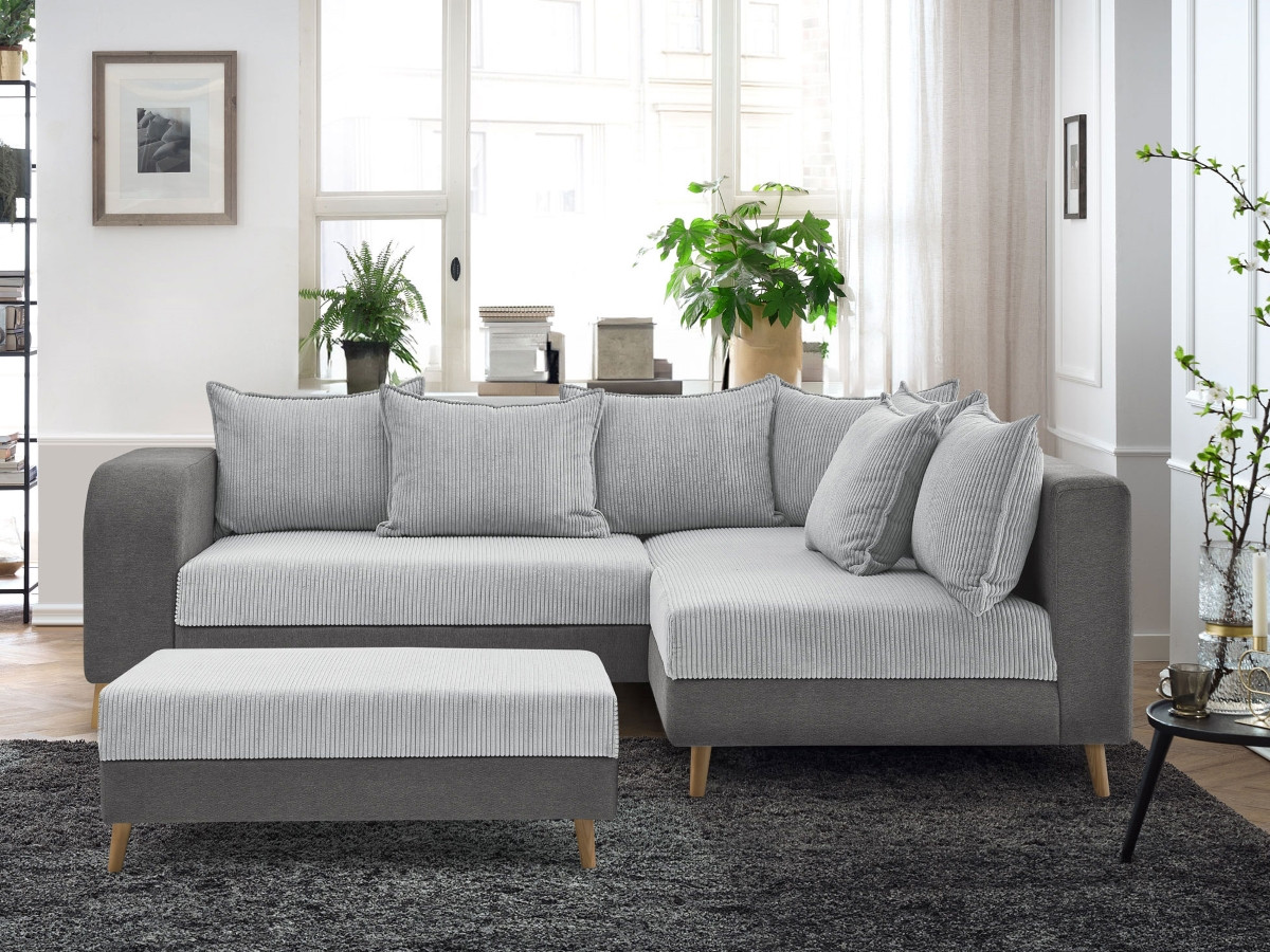 BOBOCHIC Canapé d'angle fixe BERTILLE bi matière avec pouf Gris clair ...
