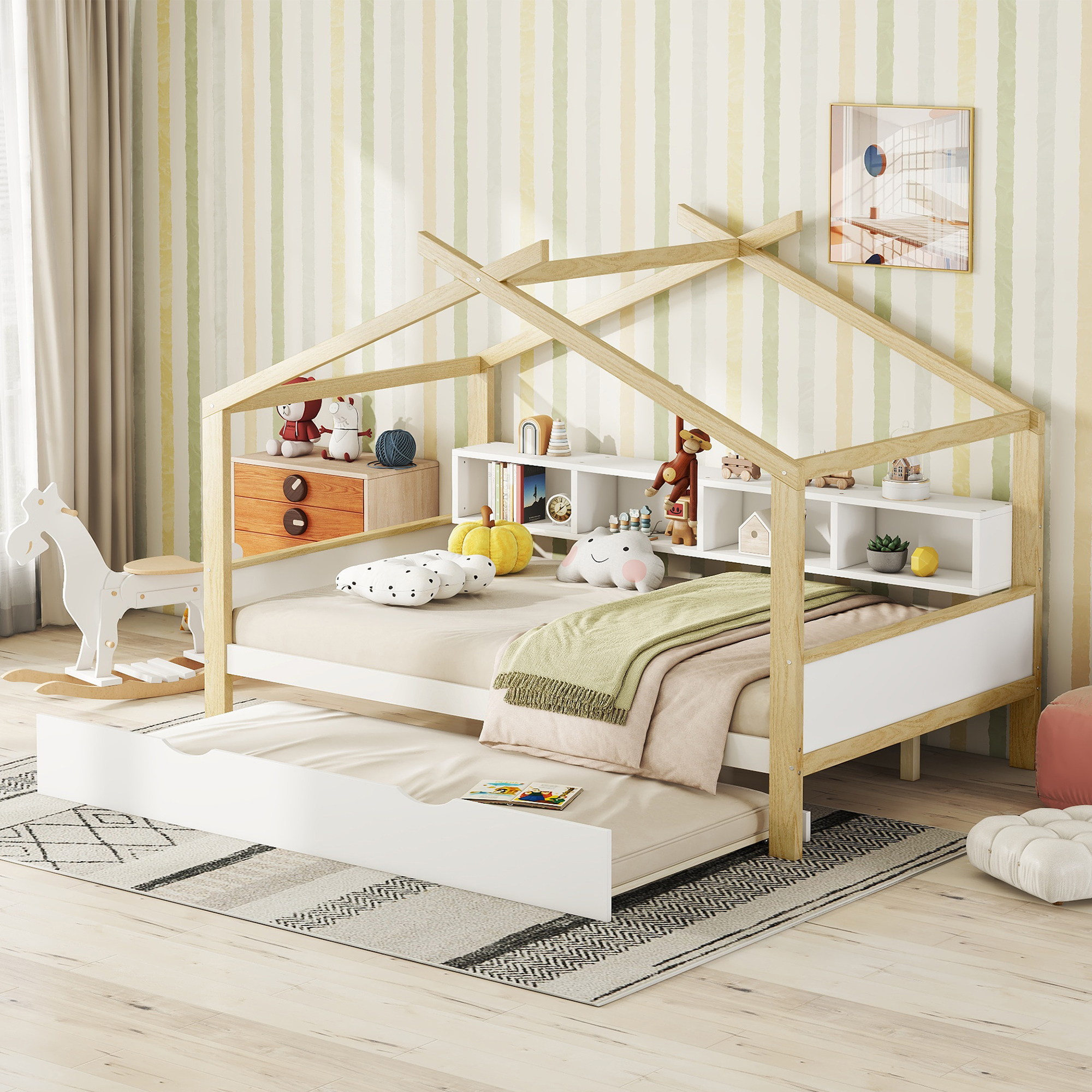 Cama cabina 140 x 200 cm con cama nido 90 x 180 cm - 4 nichos - Madera de pino - blanco | Leroy ...