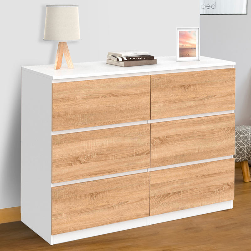 Commode 6 tiroirs TOMI 110 cm blanc et bois façon hêtre | Leroy Merlin
