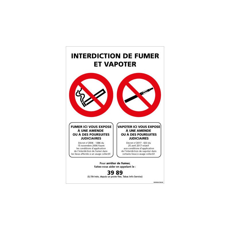 PANNEAU DE SIGNALISATION INTERDICTION DE FUMER ET DE VAPOTER (N0182 ...