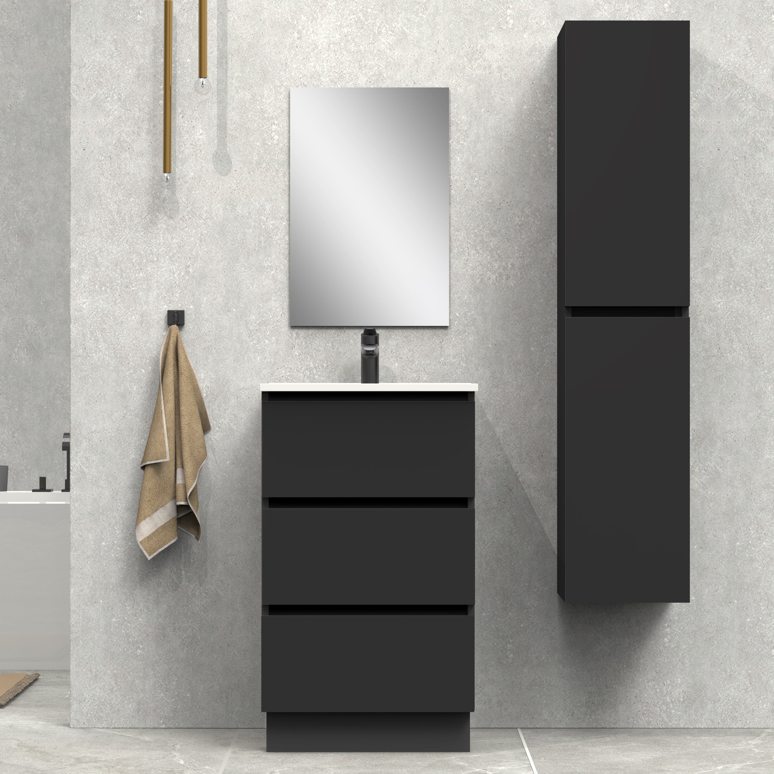 CONJUNTO DE BAÑO SPARK | MUEBLE DE BAÑO CON ZÓCALO | 50 CM NEGRO| TRES CAJONES | LAVABO ...