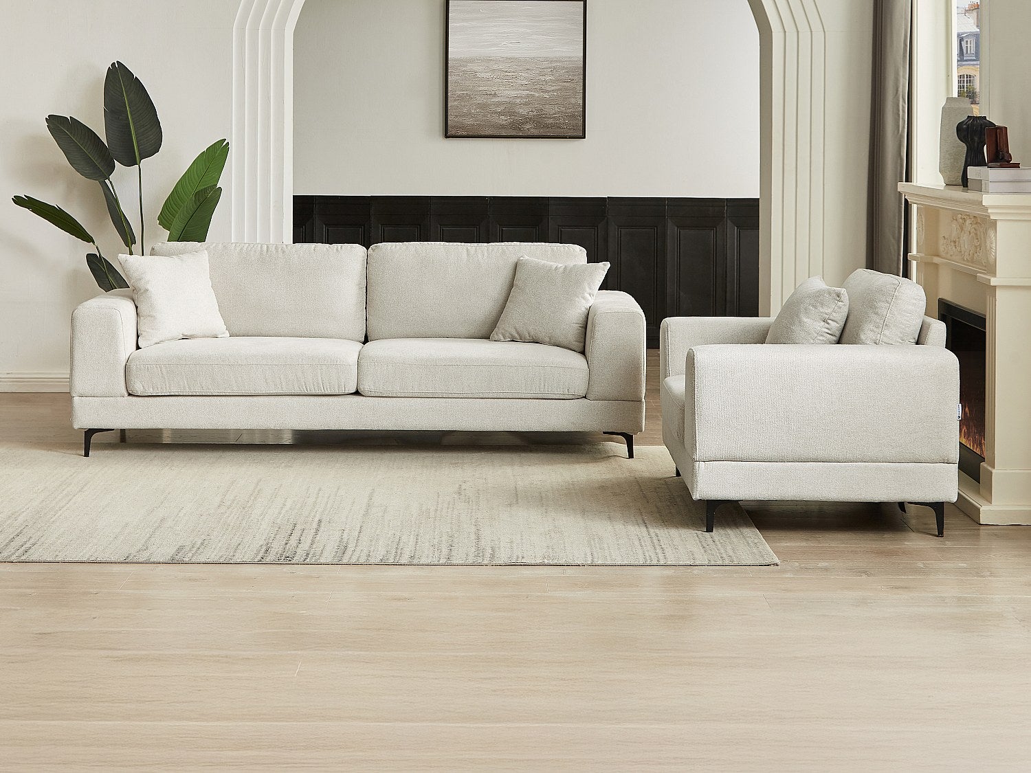 Sofá de 3 plazas y sillón en tela texturizada beige JAMOLO | Leroy Merlin
