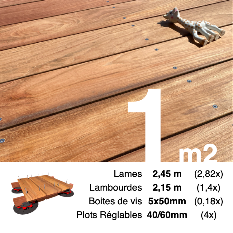Kit complet terrasse bois exotique JATOBA pour 1 m² • Lames 2,45 m ...