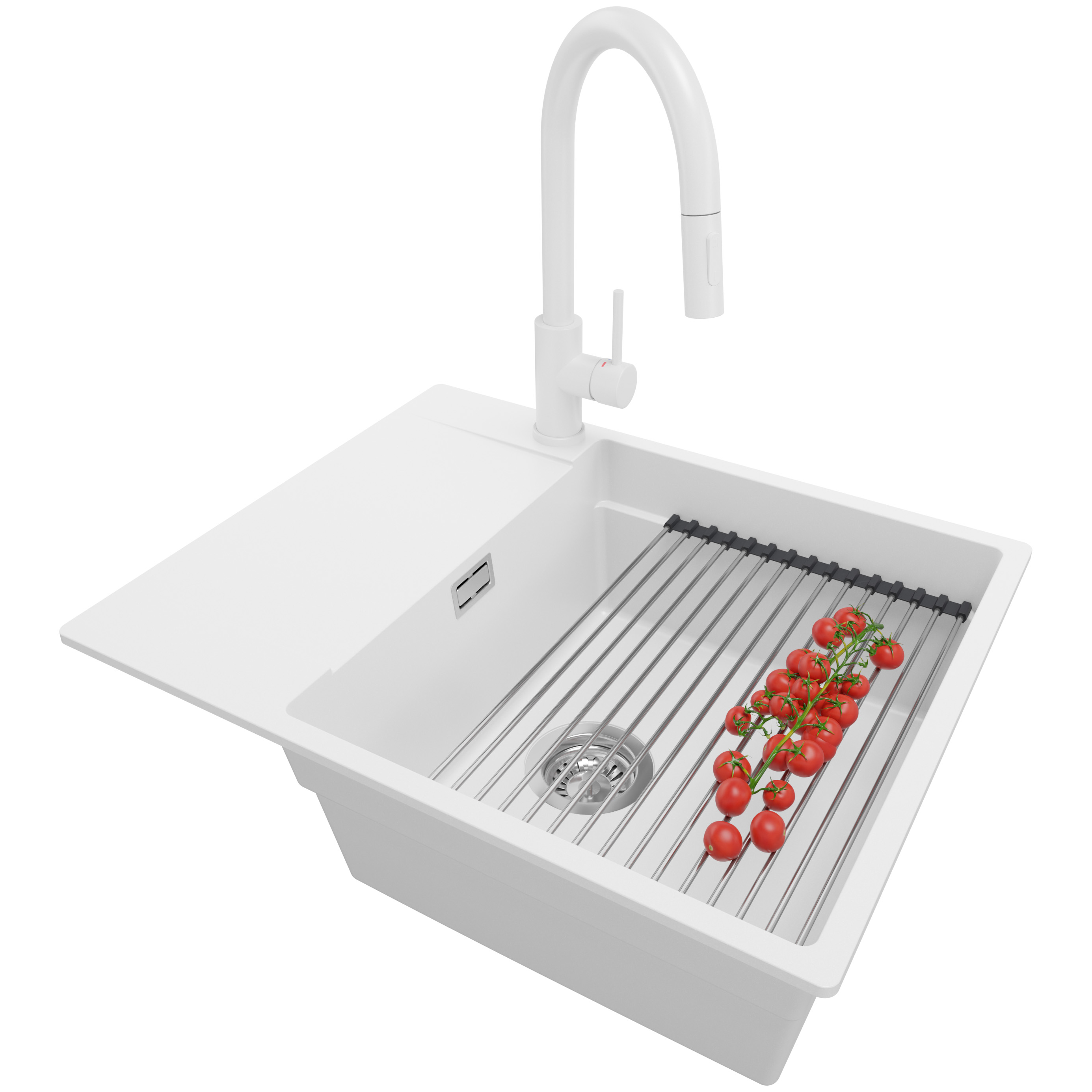 PRIMAGRAN Evier Cuisine en Granit Blanc 62x50cm, Lavabo 1 bac + Kit de ...
