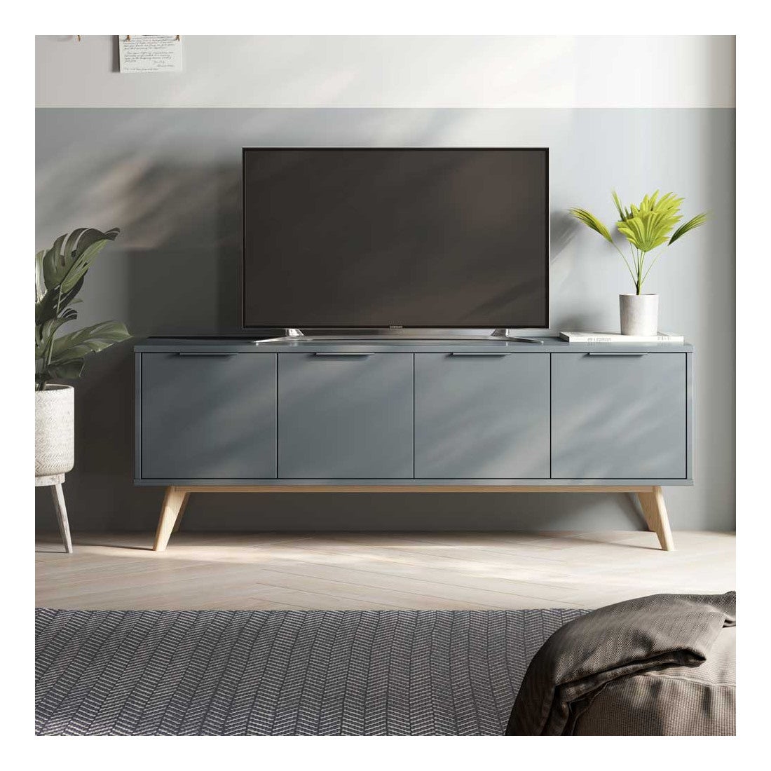Meuble TV 4 portes Bois/Vert de gris - MUSCAT | Leroy Merlin