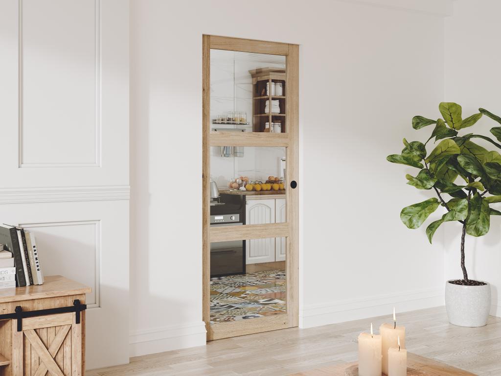 Porte coulissante avec système à galandage en bois et verre trempé - 3 ...