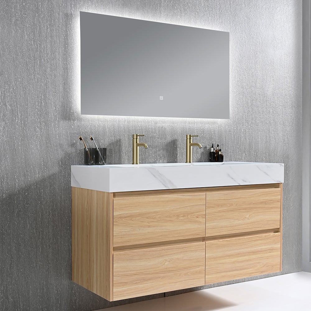 Meuble salle de bain double vasque 120cm bois naturel et effet marbre ...