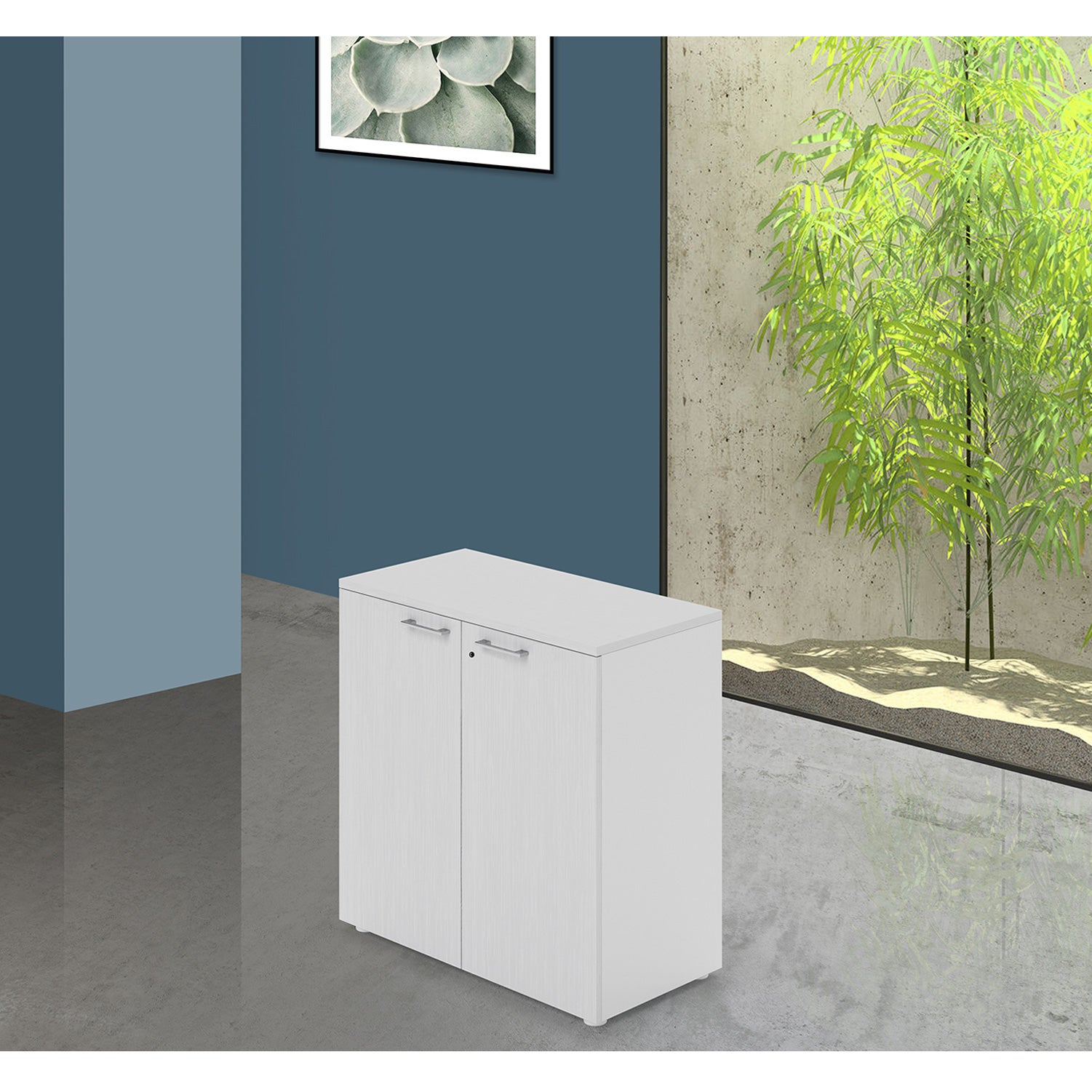 Meuble de bureau bas à deux portes avec serrure, couleur Blanc ...