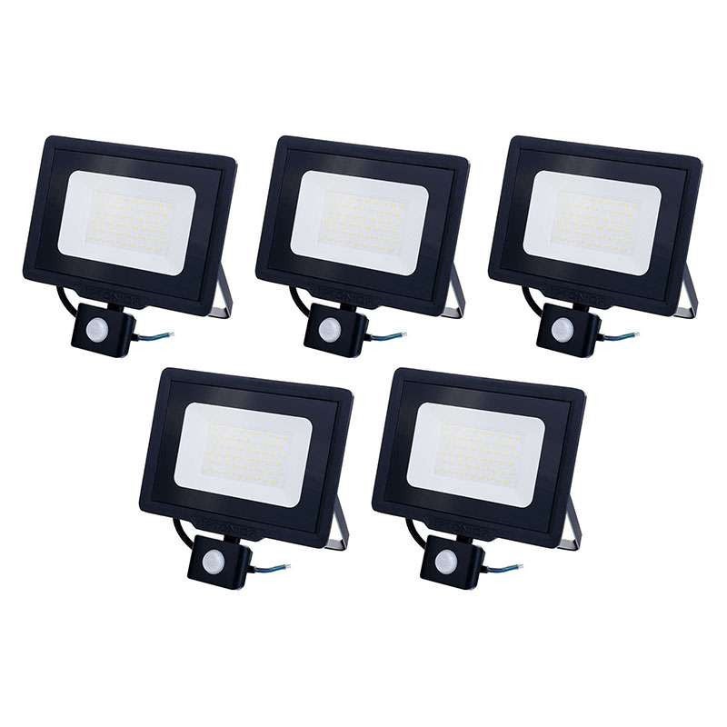 Lot de 5 Projecteurs LED Noirs 50W (250W) à Détecteur IP65 4000lm ...