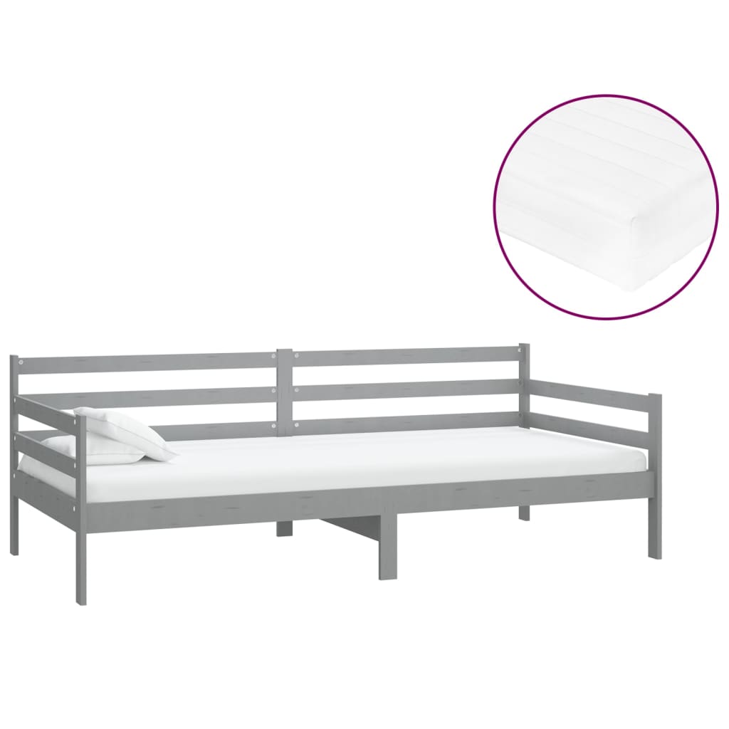 Lit simple | Lit de repos avec matelas 90x200 cm Gris Bois de pin ...