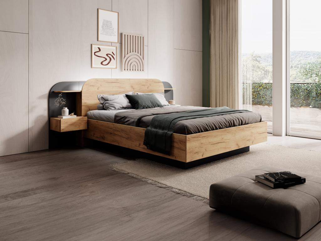 Letto con comodini 160 x 200 cm Con LED Naturale e Nero + Rete ...