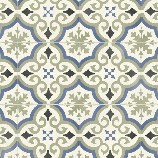 Sol Vinyle First - Effet carreaux de ciment arabesques - Vert et bleu ...