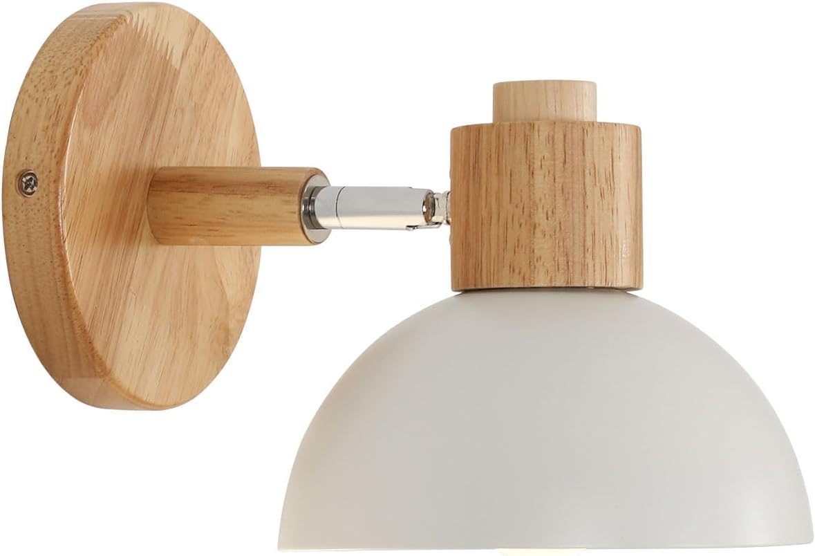 Aplique de pared de madera con base de madera natural y pantalla blanca ...