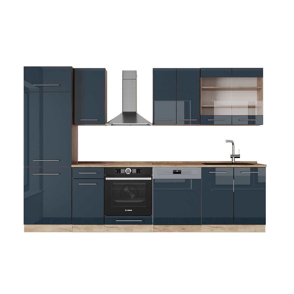 Vicco Mueble de cocina Fame-Line, Azul oscuro alto brillo/roble dorado, 300 cm , ET Roble ...