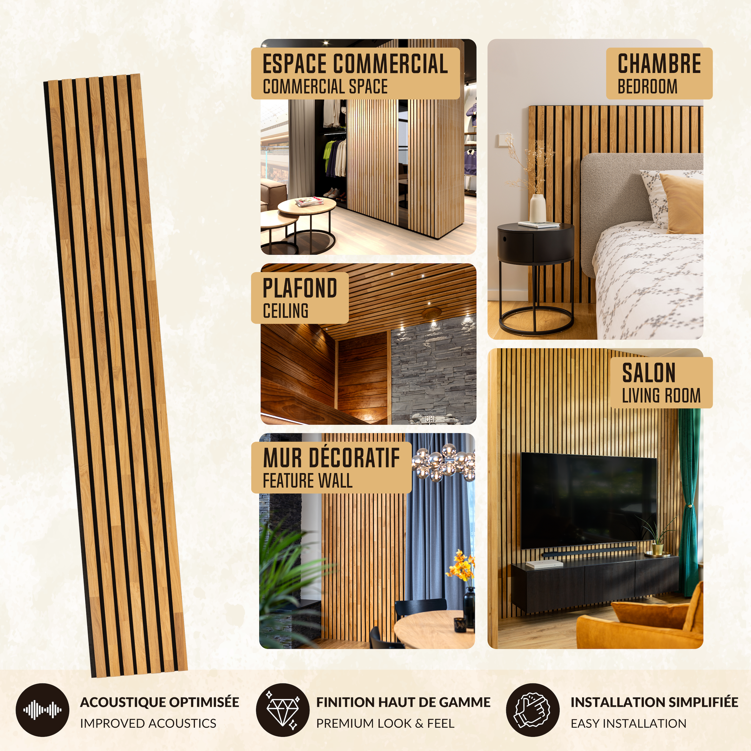 Panneau Tasseau Acoustique en Bois - Chêne Naturel - 2400x385mm ...