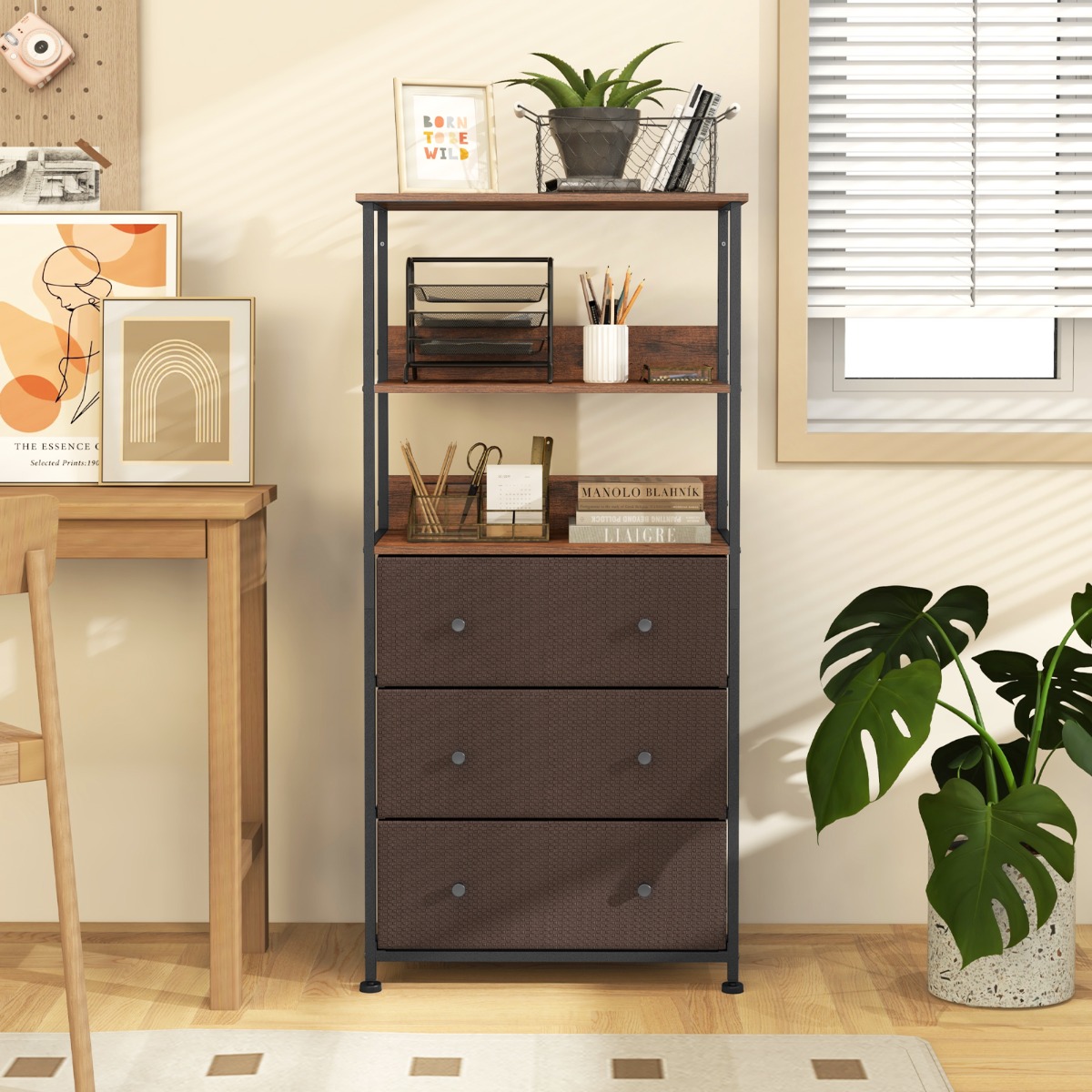 Commode | Armoire de Rangement 3 Tiroirs Étagères Ouvertes Rangement ...