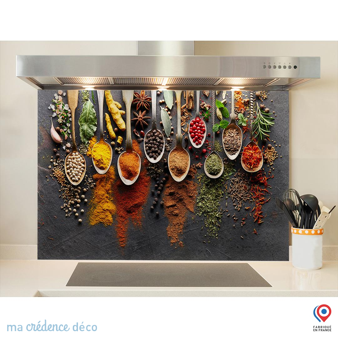 Crédence cuisine fond de hotte Epices et cuillères 5 - Verre trempé - L ...