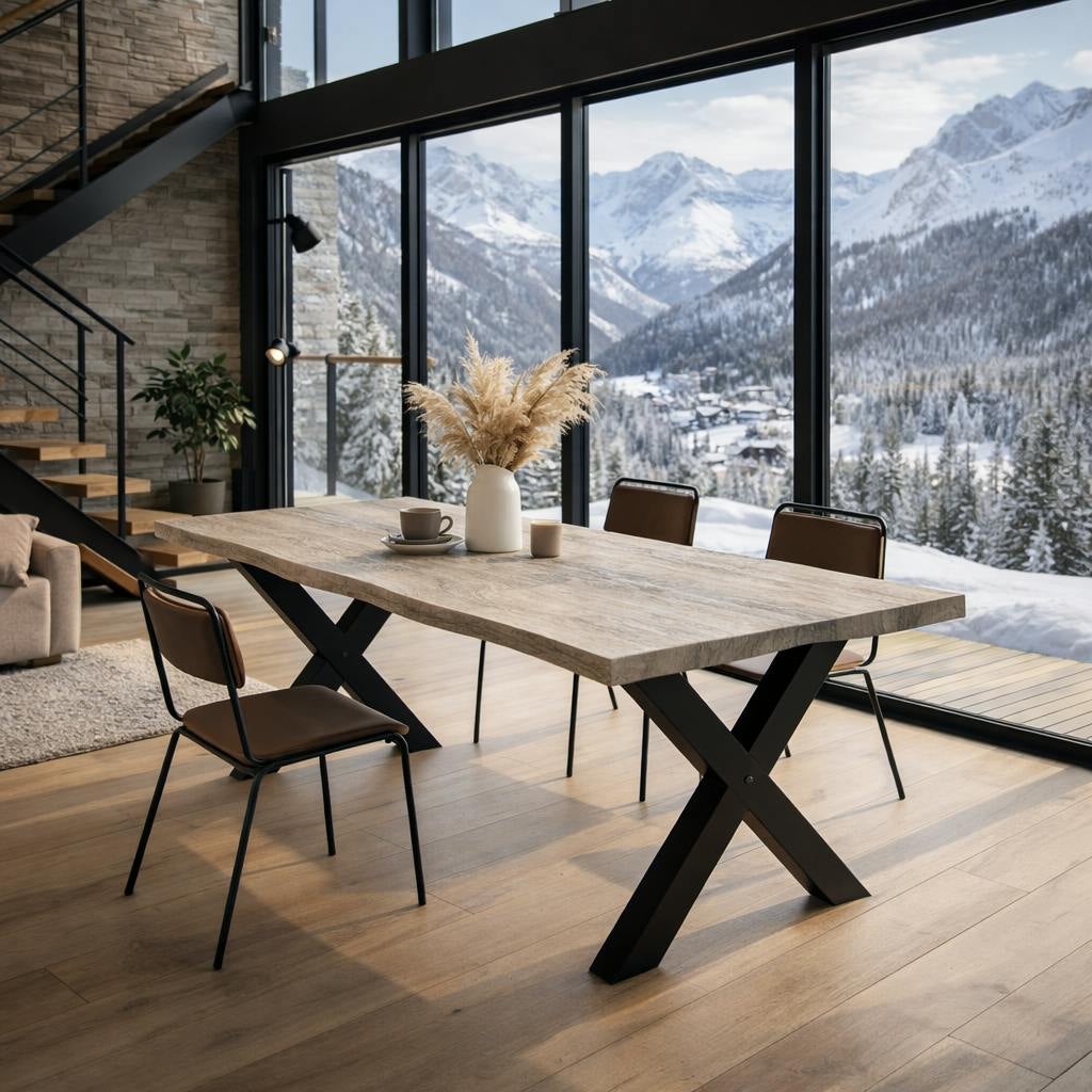 Table extensible chêne grisé bords naturels pieds en X 200 cm PALERME ...