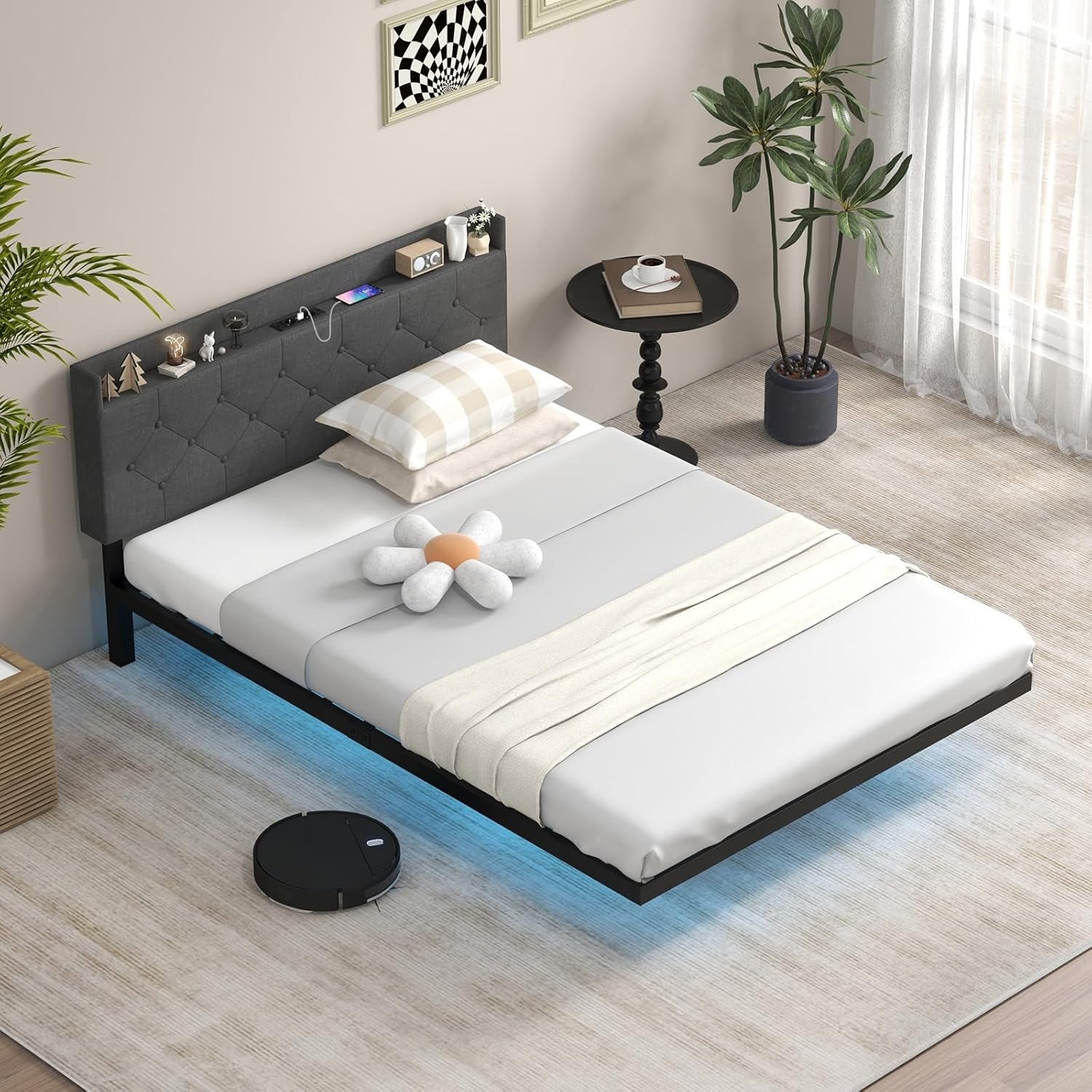 Cadre de Lit Design Flottant 160x200CM, Lit Plateforme Double avec ...