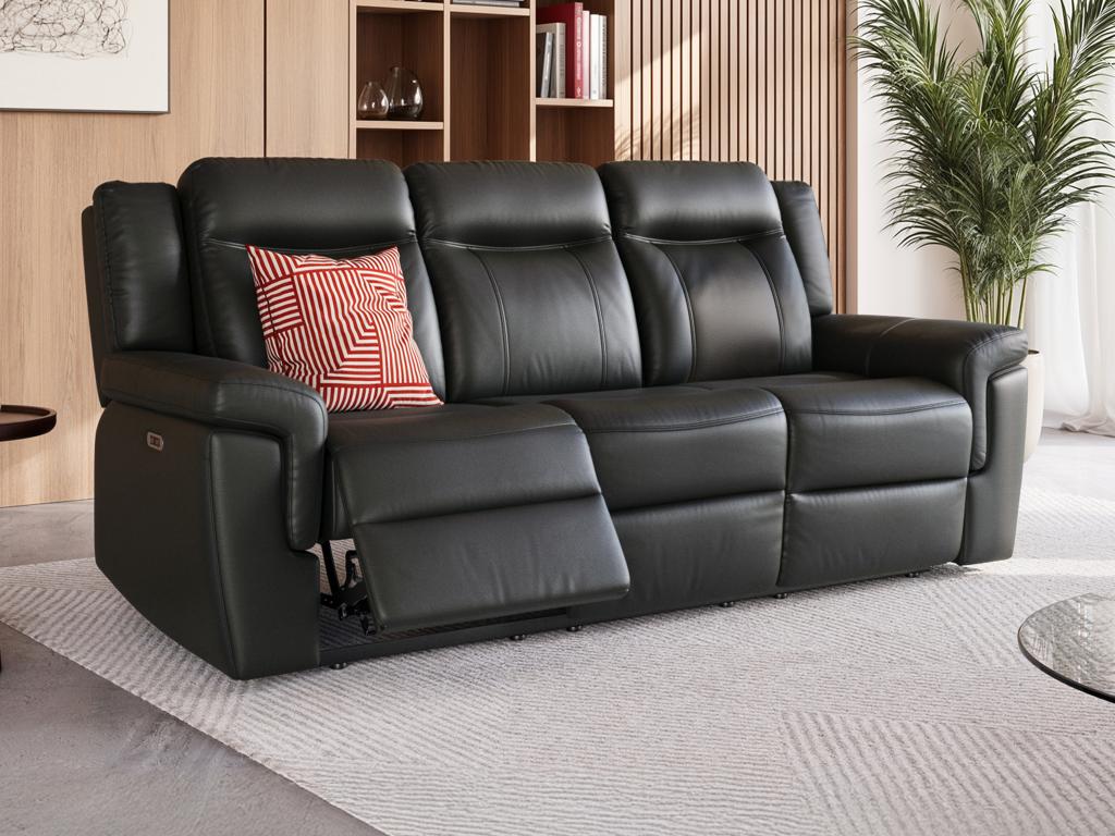Canapé 3 places relax électrique en cuir avec tablette noir KENNETH ...