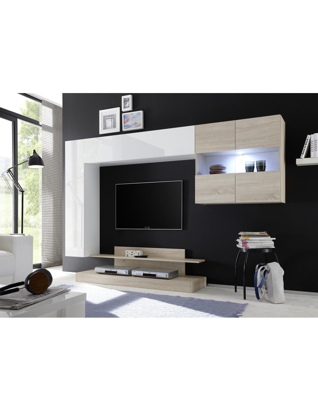 Ensemble meubles salon avec rangements, collection KALO, blanc laqué/chêne clair | Leroy Merlin