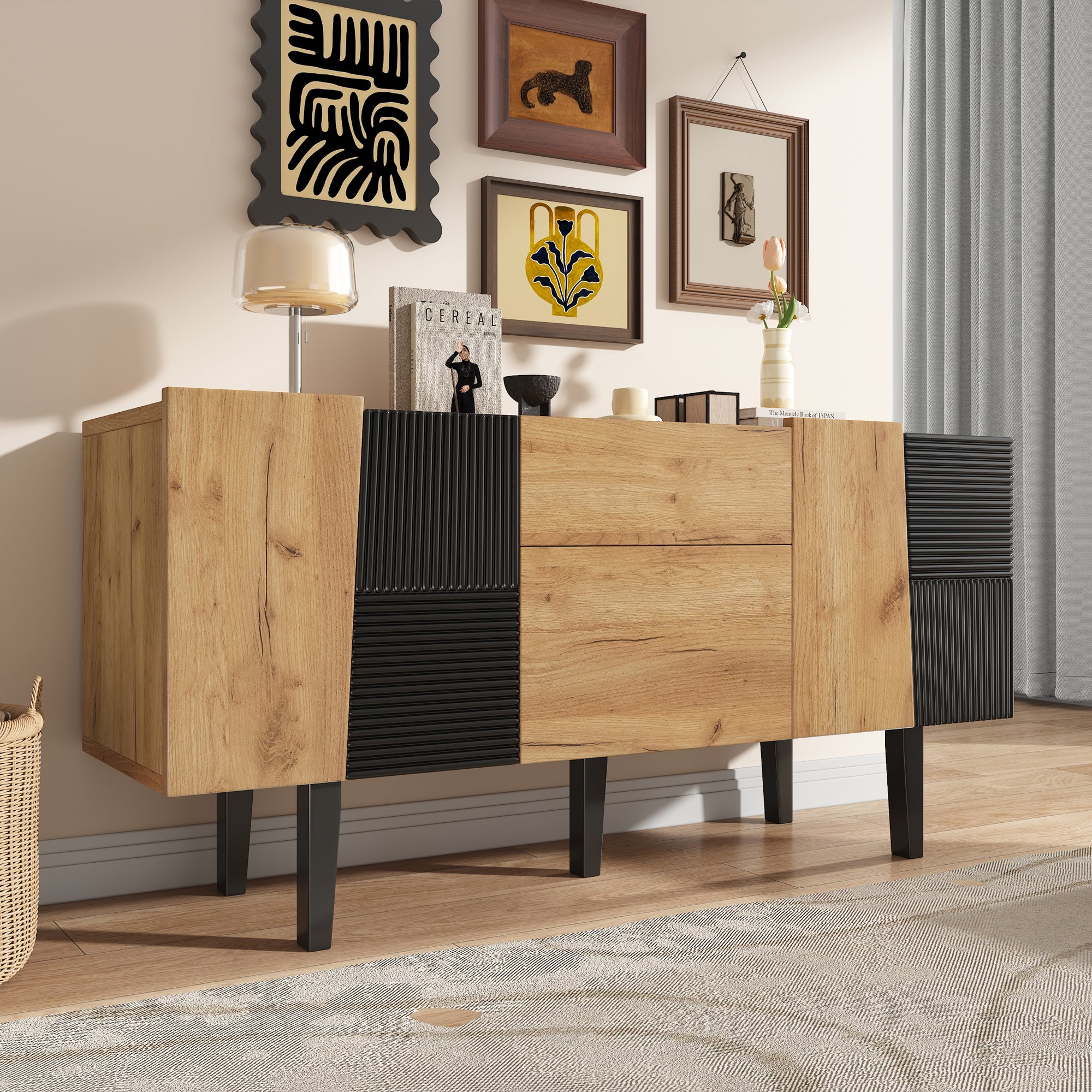 Meuble TV Avec 2 Tiroirs, Étagères Réglables Et Pieds En Bois Massif ...