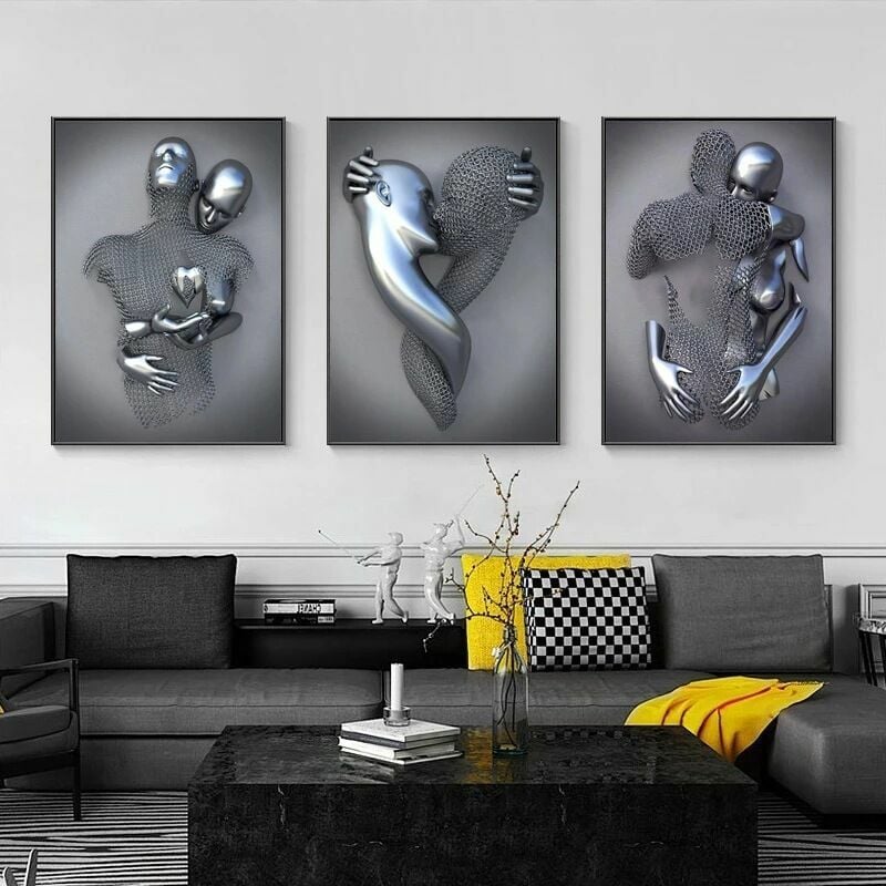 Lot de 3 affiches d'art moderne – Statue en métal 3D Love Kiss ...
