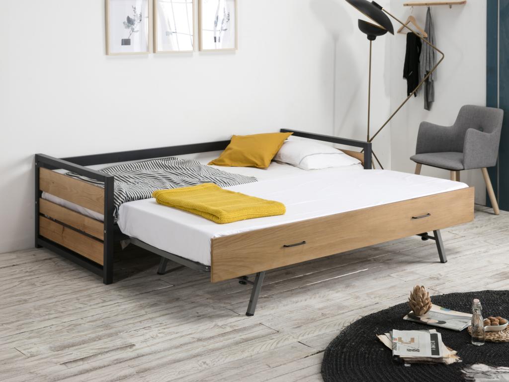 Letto singolo con letto estraibile stile industriale + materasso 2 x 90 ...