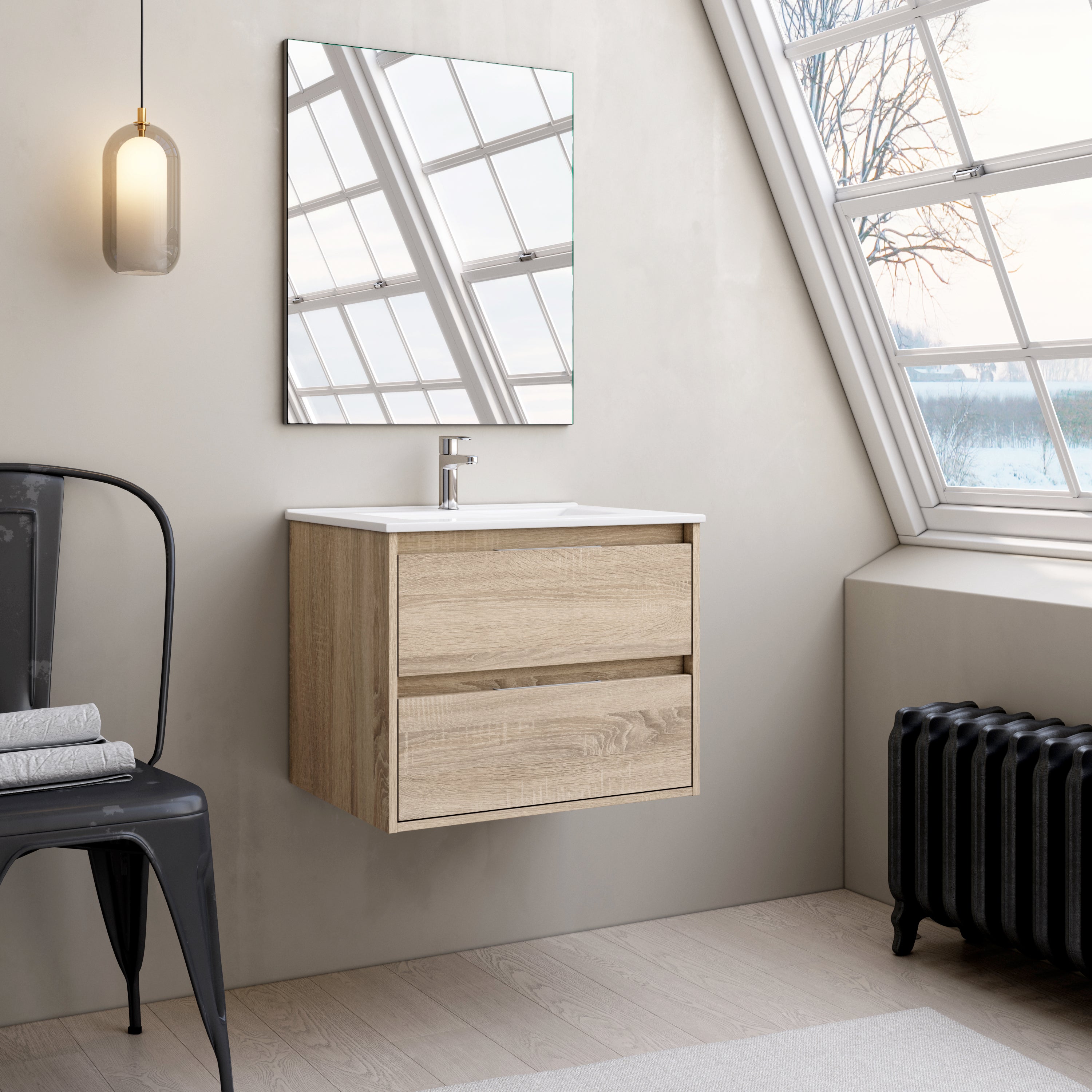 EGORE Pack Meuble de salle de bain avec lavabo + Miroir PISA 2 Tiroirs ...