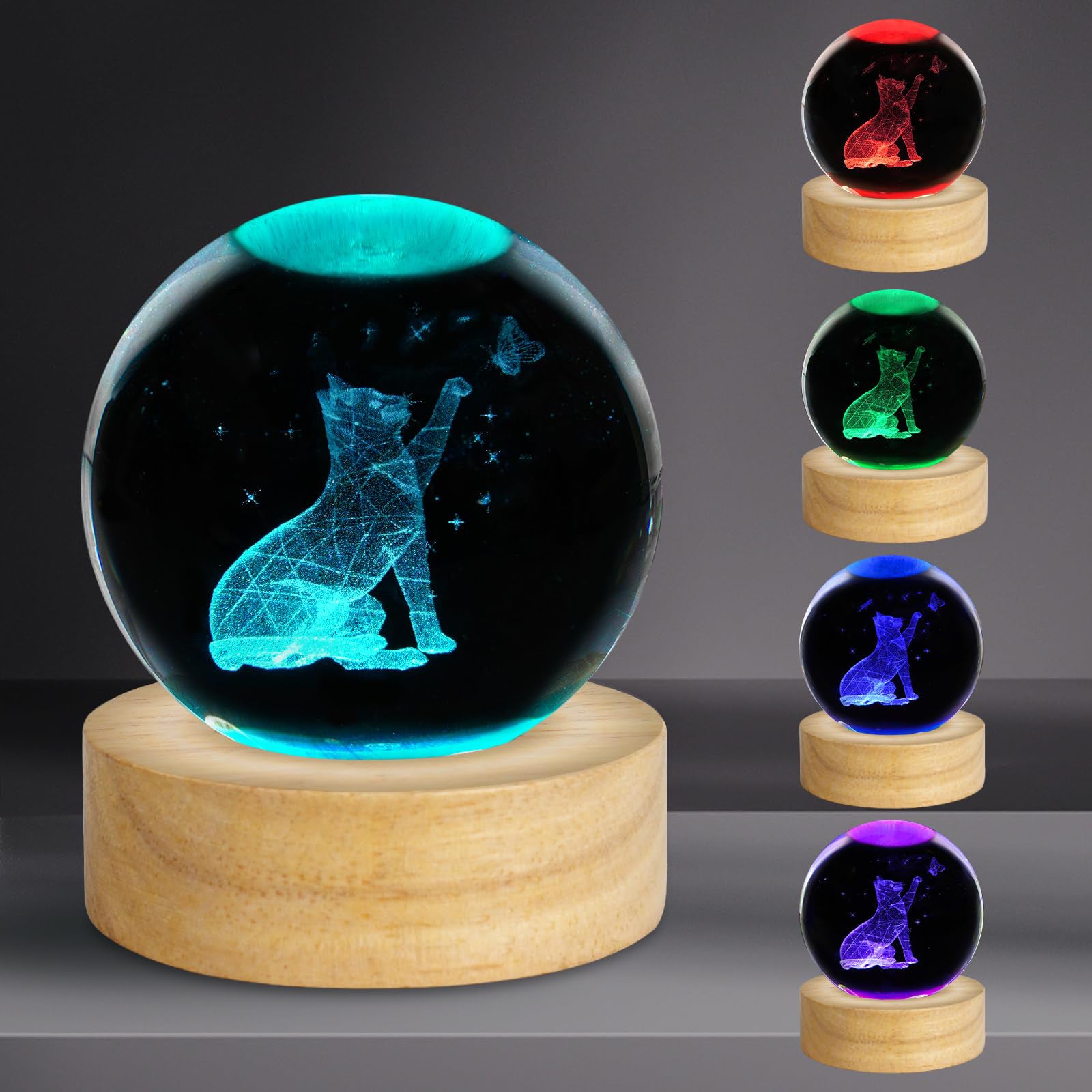 Veilleuse boule de cristal 3D en forme de chat avec base LED 16 ...