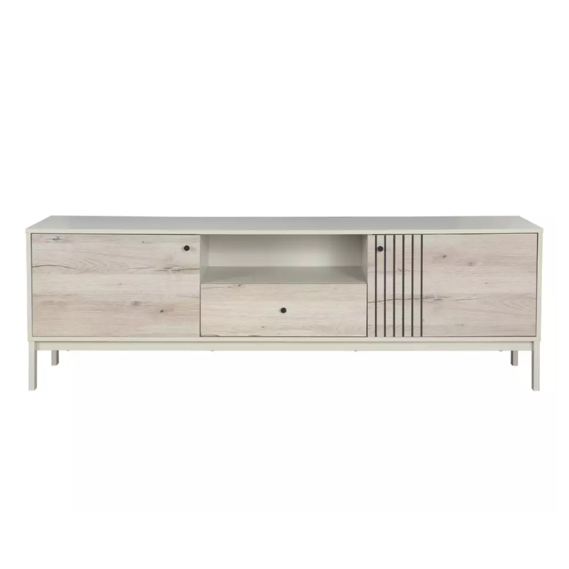 Meuble TV FLY 180 cm design comte bois chêne et métal blanc cassé ...