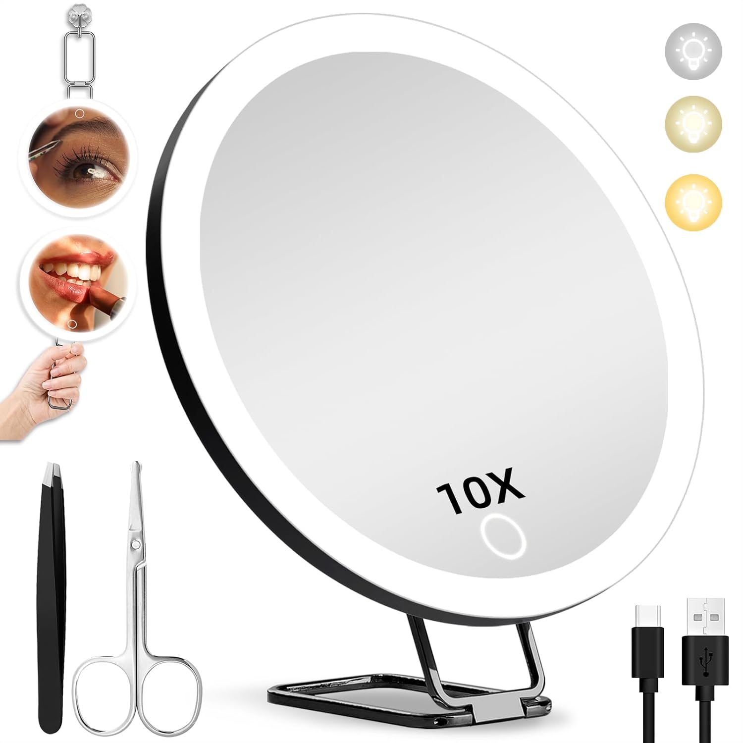 Loupe grossissante 10x avec lumière, miroir grossissant de maquillage ...