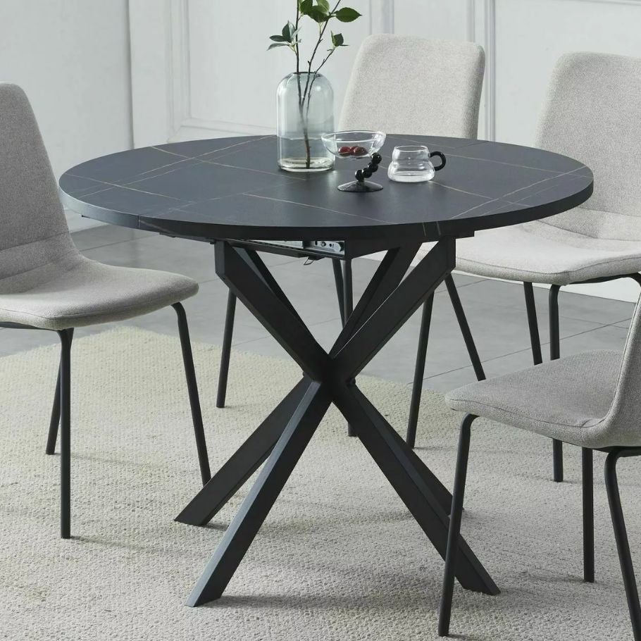 Table noire ronde 100 cm extensible style marbre pieds métal Larry ...