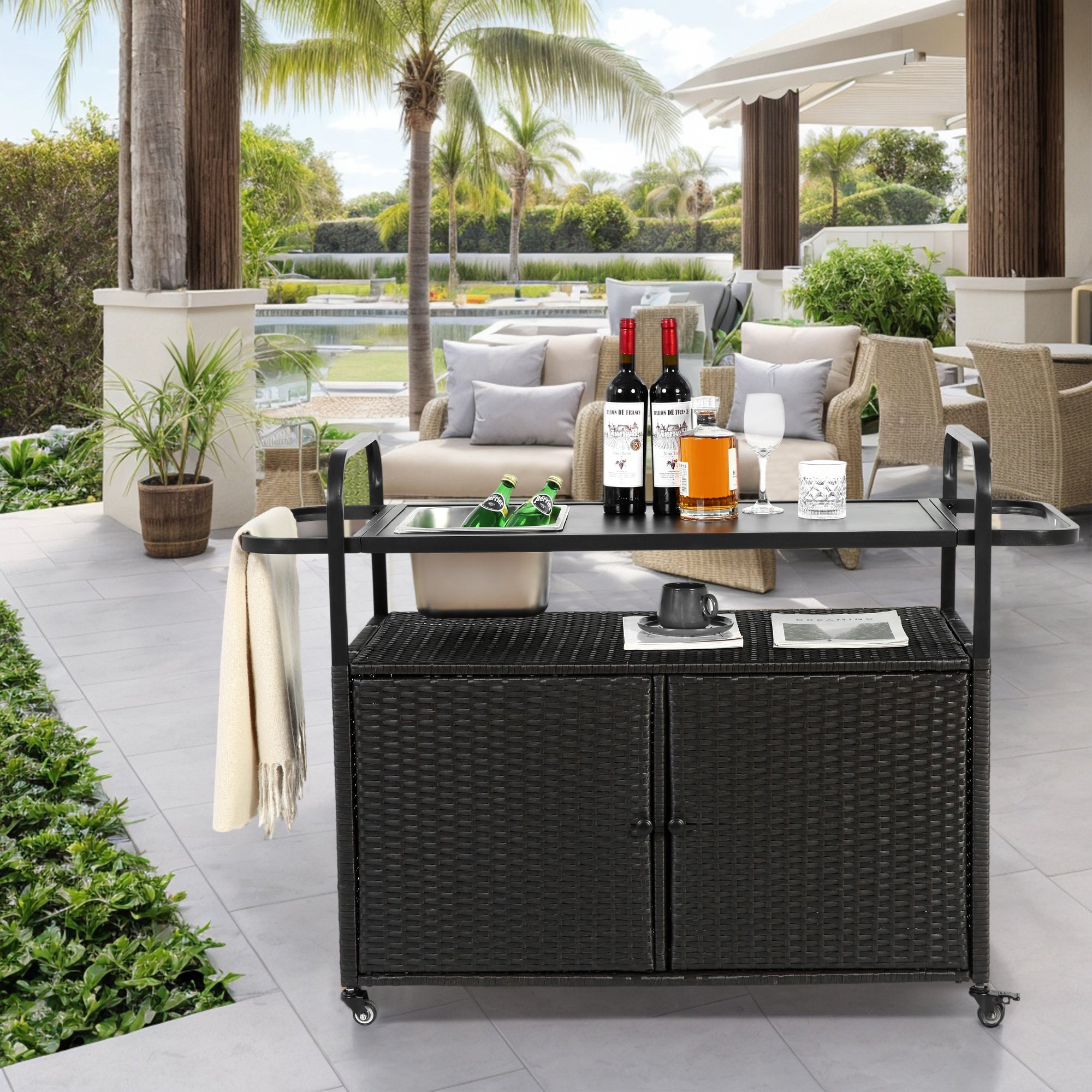 Outdoor Bar Table, Wicker Bar Cart with Cabinet, Patio Serving Cart ...