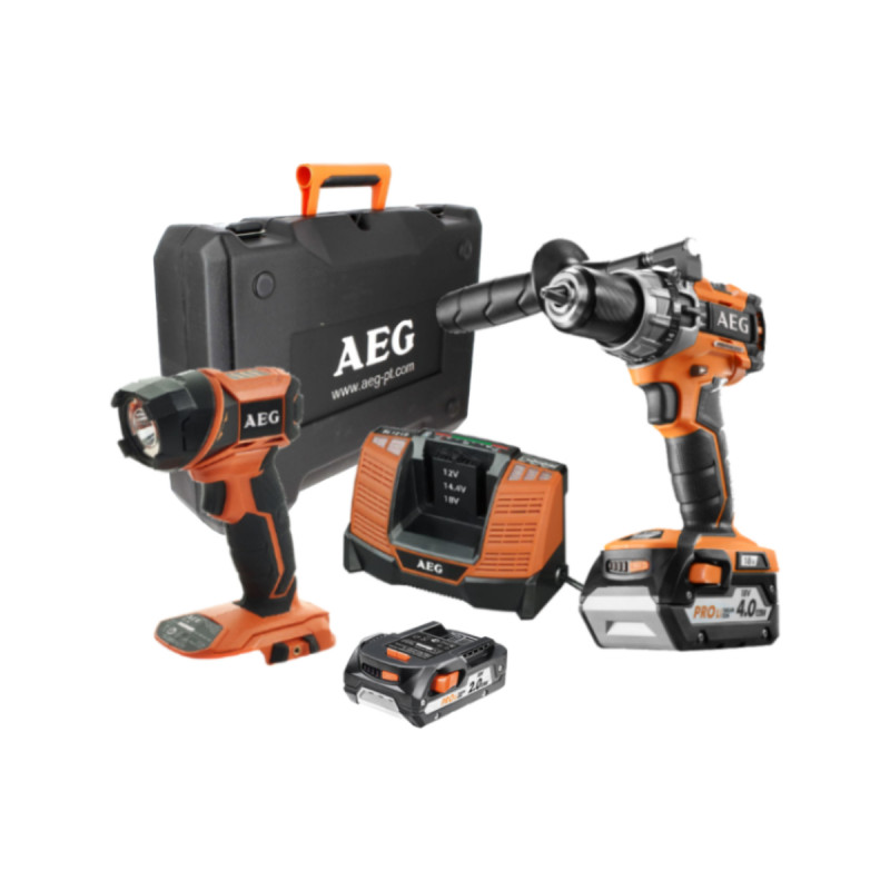 Perceuse à percussion compacte AEG 18V Brushless - 2 batteries 2.0Ah - 1 chargeur - 1 lampe 18V ...