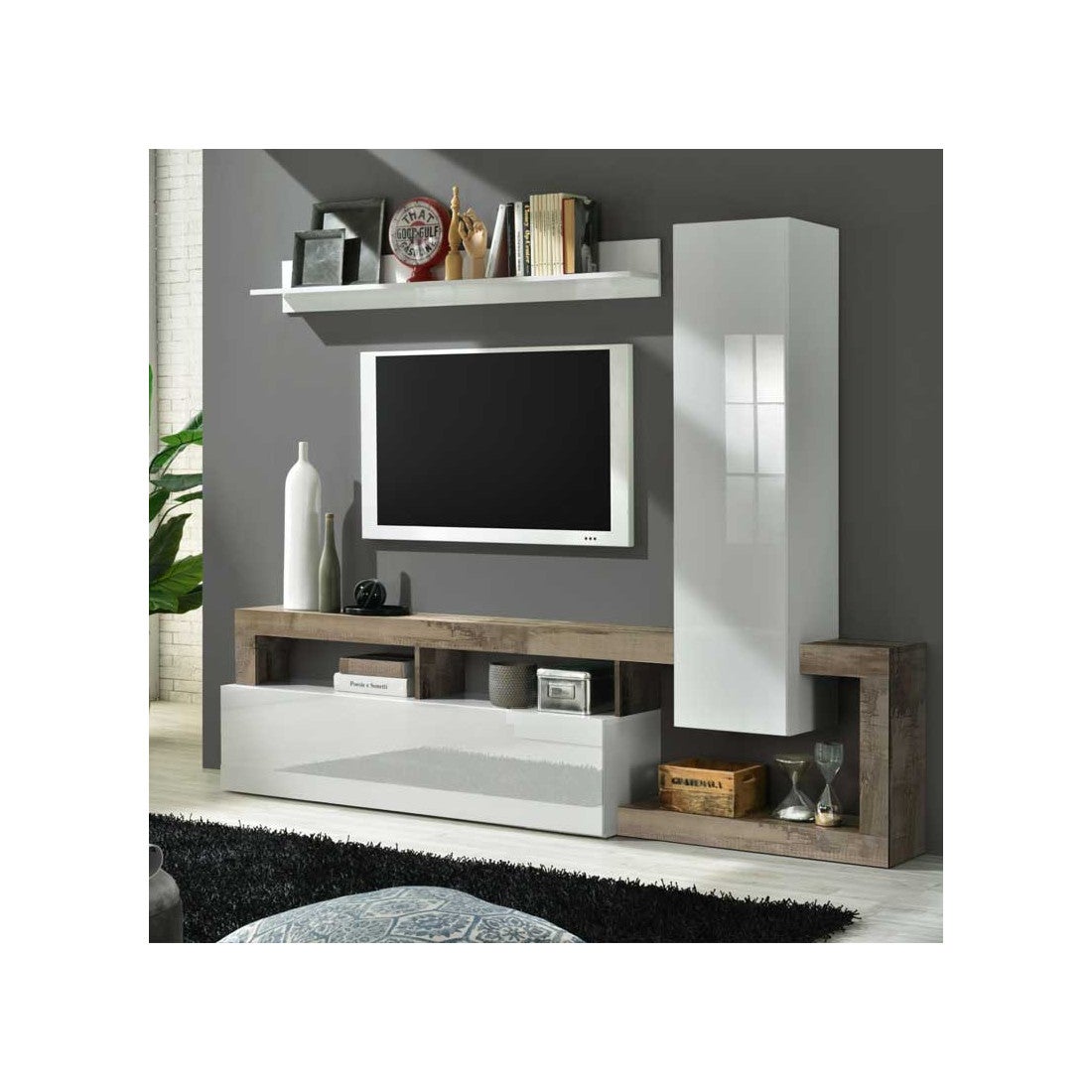 Composition TV 1 colonne Blanc laqué brillant/Bois fumé - ISCHIA ...