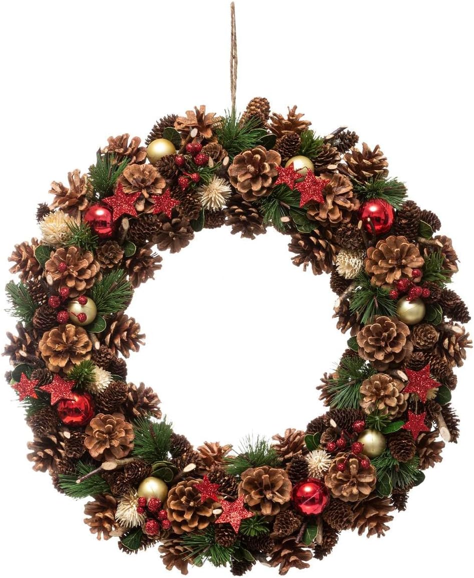 Couronne de Noël avec Houx Pomme de pins et Étoiles paillettes rouge D ...