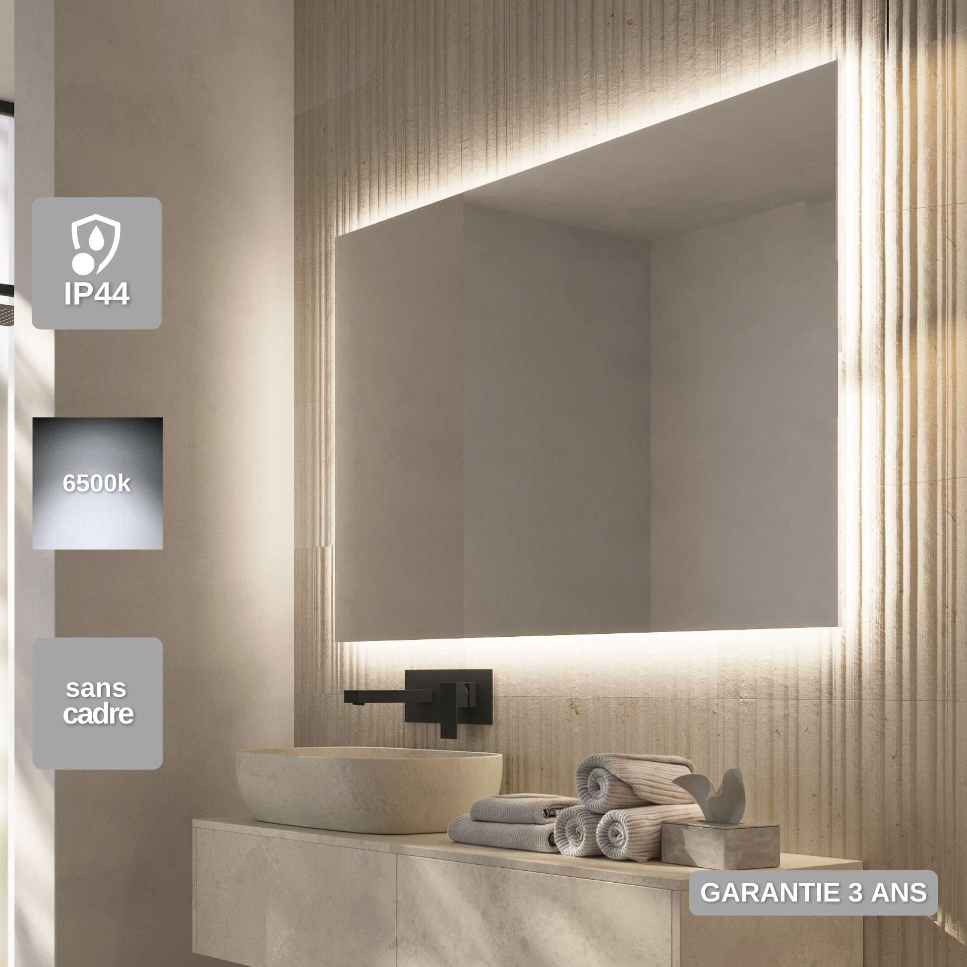 Miroir Salle de Bain LED Rétro-Éclairé (6500K) - 80x80cm - Verre Sécurité 5mm - SUECIA LEDIMEX ...