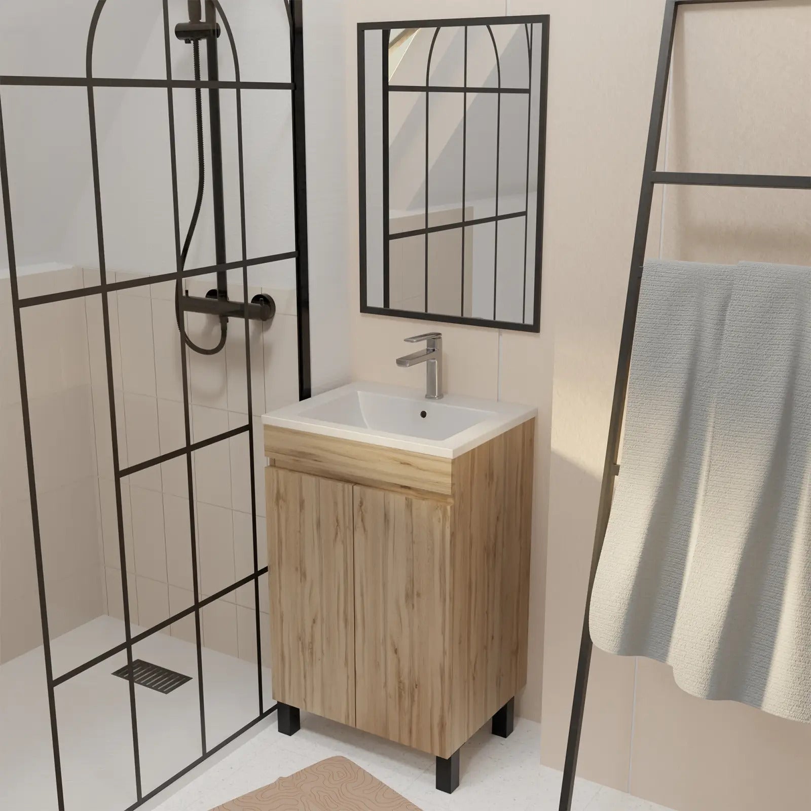 Mueble de Baño 50cm Deco Roble Natural - Lavabo Blanco y Espejo 50x70 ...