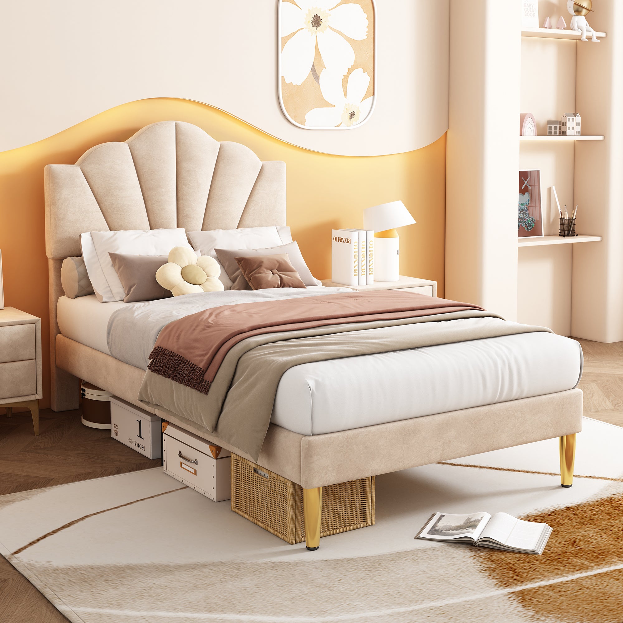 Lit 90x200cm en velours - tête de lit en forme de coquille - Beige ...