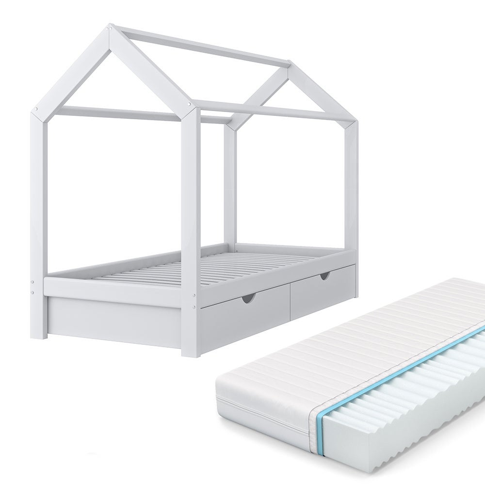Vitalispa Lit cabane Wiki, Blanc, 90x200 cm avec 2 tiroirs et matelas ...
