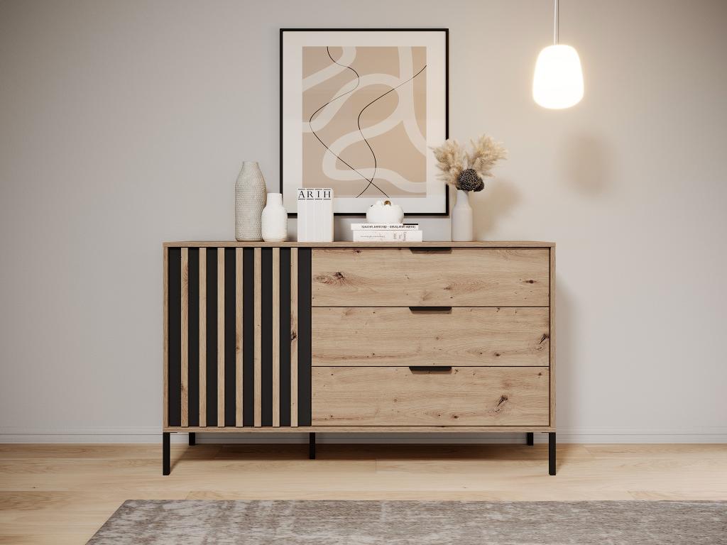 Commode 1 porte et 3 tiroirs - Coloris : Naturel et noir - ARIADA ...