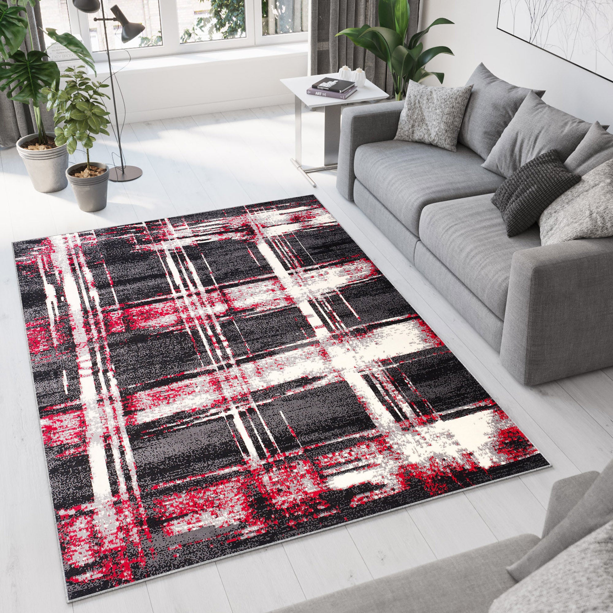 TAPISO Dream Tapis Salon Chambre Gris Foncé Rouge Treillis Rayures Fin ...