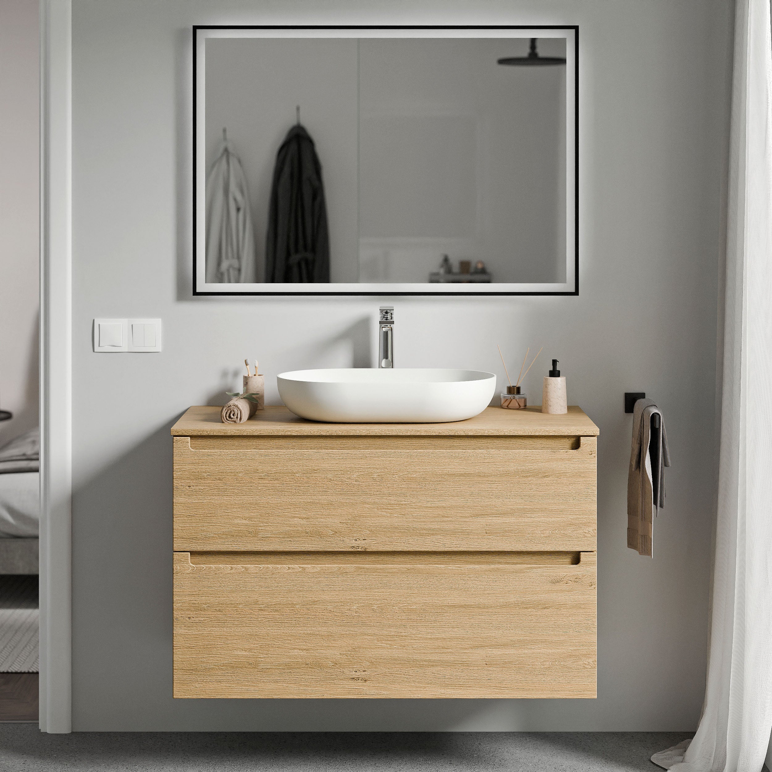 BERNSTEIN - Meuble sous vasque suspendu MDF Chêne miel, plan vasque ...