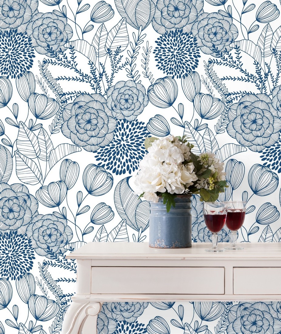 Papier peint vinyle fleurs dessinées bleu - Morgan Flowers 680643 de ...