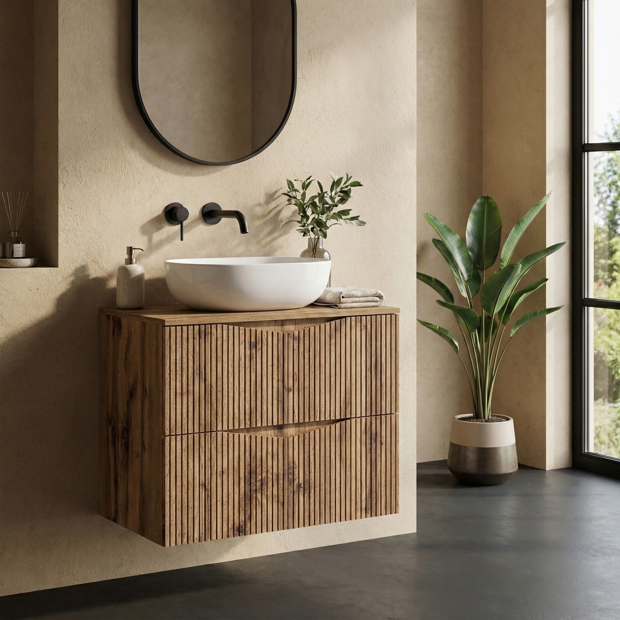 Meuble sous lavabo Calen 60 x 46 x 52 cm - Chêne - Meuble de salle de ...