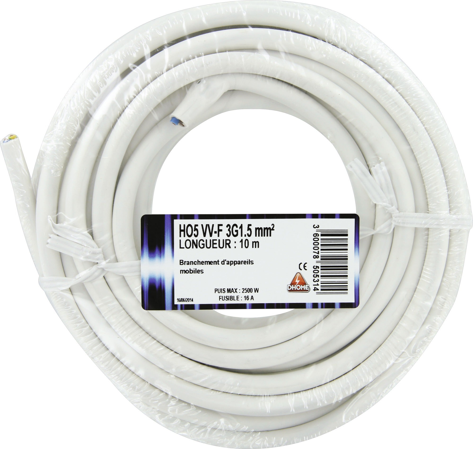 Câble H05 Vv-f 3g 1,5 Mm² Dhome - Blanc - Longueur 10 M | Leroy Merlin