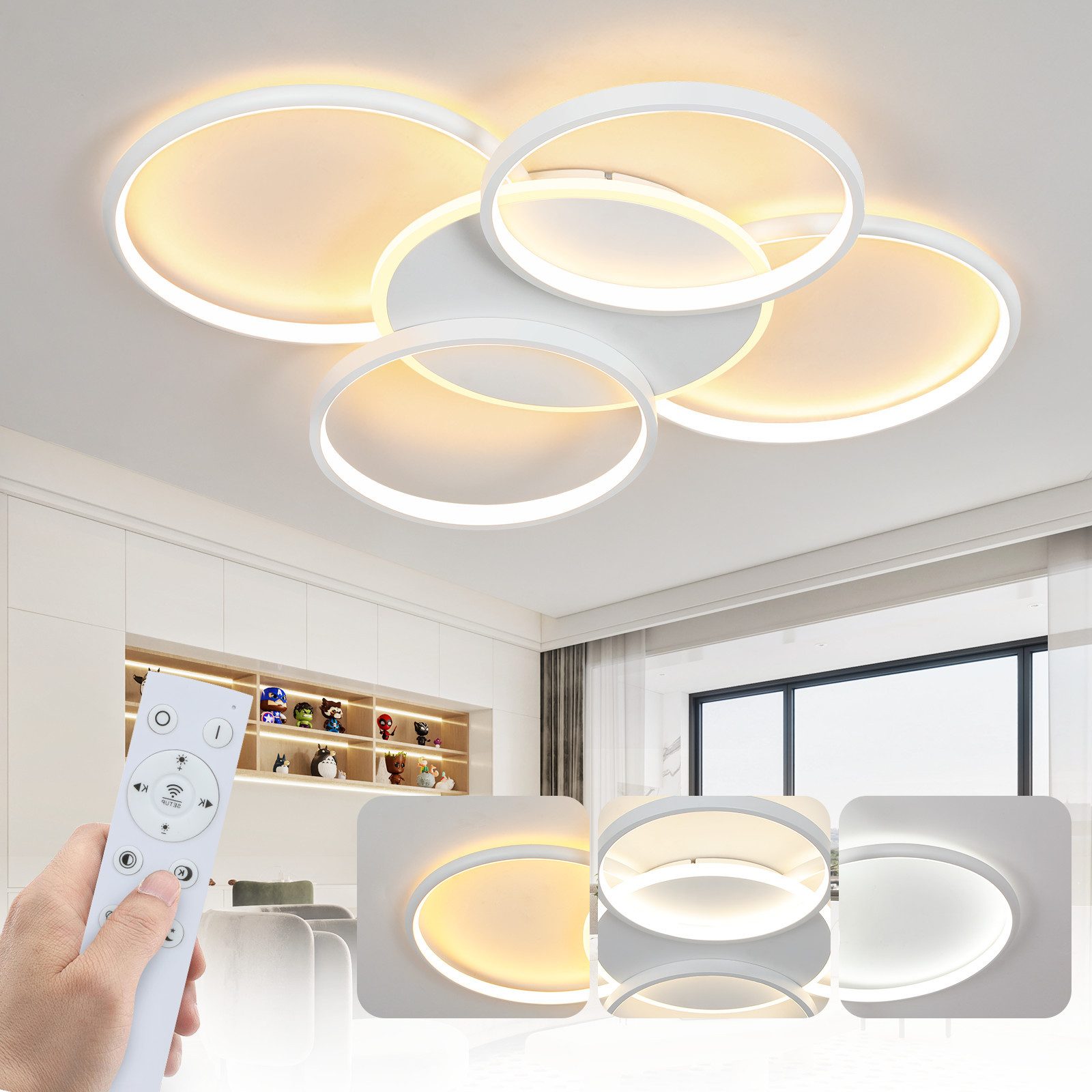 NETTLIFE Plafonnier LED Salon Dimmable 70W avec télécommande 5 anneaux ...